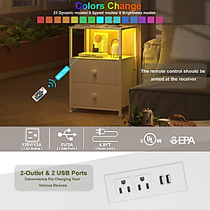 Tohomeor Sofa End Tables with Charging Station LED Light Nightstand Bedroom Bed Side Dresser with Fabric Drawers Open Storage Shelf Living Room with USB Ports and Outlet (White, 1 Pack)