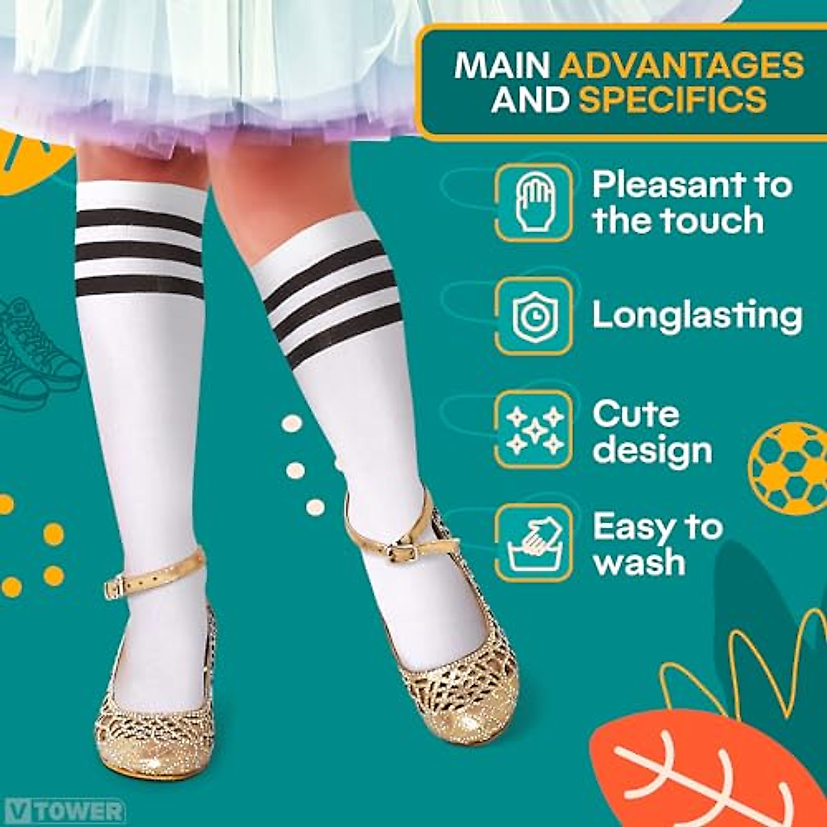 V TOWER 6 Pairs Soccer Socks for Girls Knee High Socks White Soccer Socks Youth Long Socks for Boys Black Socks for Boys 8-10 Years