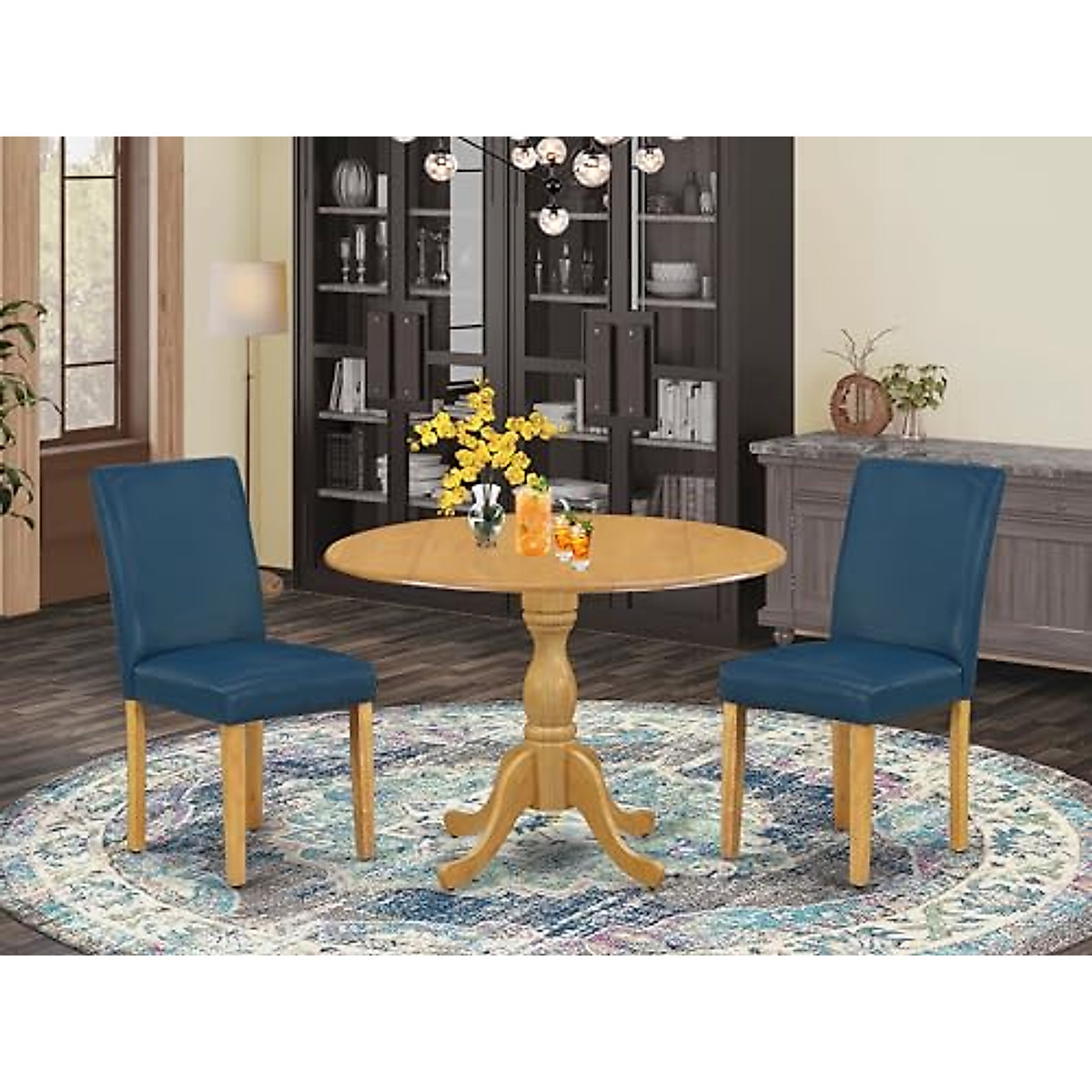 East West Furniture DMAB3-OAK-55 3 Piece Dining Table Set Contains a Round Dining Room Table with Dropleaf and 2 Oasis Blue Faux Leather Parsons Chairs, 42x42 Inch, Oak