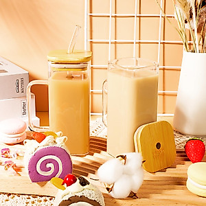 Rtteri 6 Set Square Glass Cups Drinking Glasses with Bamboo Lid Straw and Handle Portable Coffee Mugs for Graduation Party Mother's Day Gifts(Clear, 16 oz, Medium)