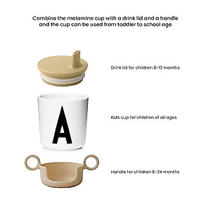 Design Letters Melamine Sippy cups for Baby 7 Oz A-Z | Kids Cups Designed in Denmark Reusable Cup for Baby 6+ Month|Learning Cup BPA/BPS Free | Children Drinking Cup Dishwasher Safe, Toddler Cup White