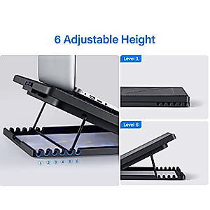 Kootek Laptop Cooling Pad 12"-17" Cooler Pad Chill Mat 5 Quiet Fans LED Lights and 2 USB 2.0 Ports Adjustable Mounts Laptop Stand Height Angle, Blue
