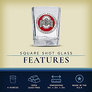 Heritage Pewter Ohio State Square Shot Glass | Hand-Sculpted 1.5 Ounce Shot Glass | Intricately Crafted Metal Pewter Alma Mater Inlay