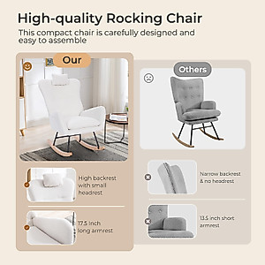Unovivy Rocking Chair Nursery, Teddy Upholstered Nursing Armchair with Wood Base, Baby Glider Rocker with Headrest & Side Handy Cocket, Small Gliding Seat for Living Room, Bedroom, Office