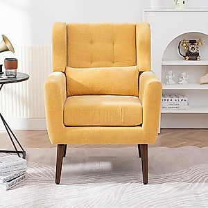 HBRR Mid Century Modern Accent Chair, Upholstered Button Tufted Single Armchair with Tapered Wood Legs, Chenille Fabric Reading Sofa for Bedroom, Living Room, Yellow