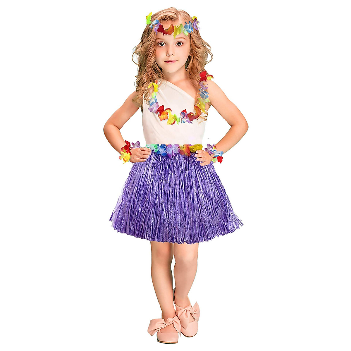Fortuning's JDS Girl's elastic Hawaiian hula dancer grass skirt with flower costume set -purple Birthday Tropical Party Decorations