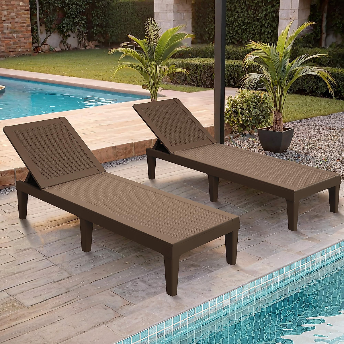 Greesum Outdoor Chaise Lounge Chairs Set of 2 with 5-Position Adjustable Backrest, Waterproof PE Sun Loungers for Garden Pool Beach Patio Deck Sunbathing, Dark Brown