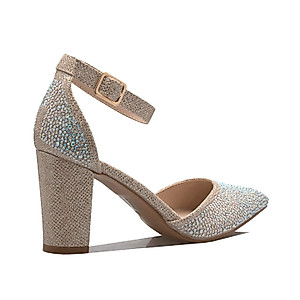 Olivia K Women's Sexy D'Orsay Ankle Strap Pointed Toe Block Heel Pump - Classic, Comfortable (9, Champagne Glitter, numeric_9)