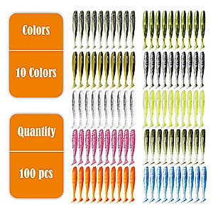 Lanmoon 100pcs Paddle Tail Swimbaits Lures, Soft Plastic Fishing Lures Kit, 2.75" Bass Fishing Bait for Freshwater and Saltwater with Box