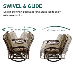 IMUsee Patio Furniture Set, 3 Pieces Swivel Rocking Chairs Outdoor Wicker Patio Bistro Set with Thick 4" Cushions, Brown & Khaki