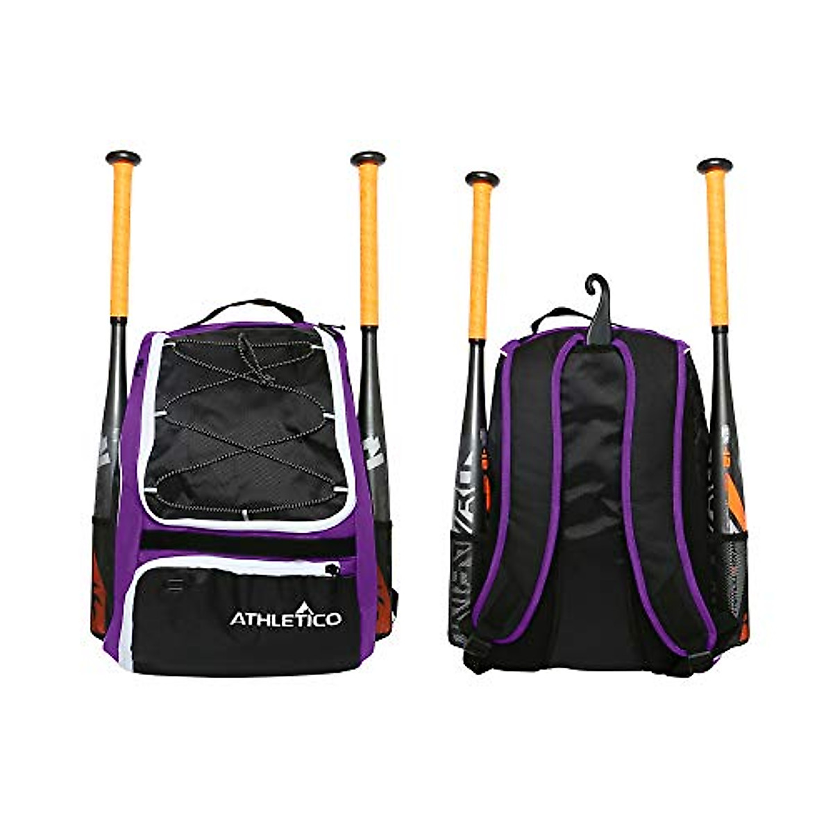 Athletico Baseball Bat Bag - Backpack for Baseball, T-Ball & Softball Equipment & Gear for Youth and Adults | Holds Bat, Helmet, Glove, & Shoes |Shoe Compartment & Fence Hook (Purple)