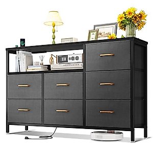 AODK Dresser with Charging Station, 52 Inches Long Dresser for Bedroom with 7 Large Fabric Drawers, Dresser TV Stand with Open Shelves for 55-Inch TV for Living Room, Dark Grey and Black