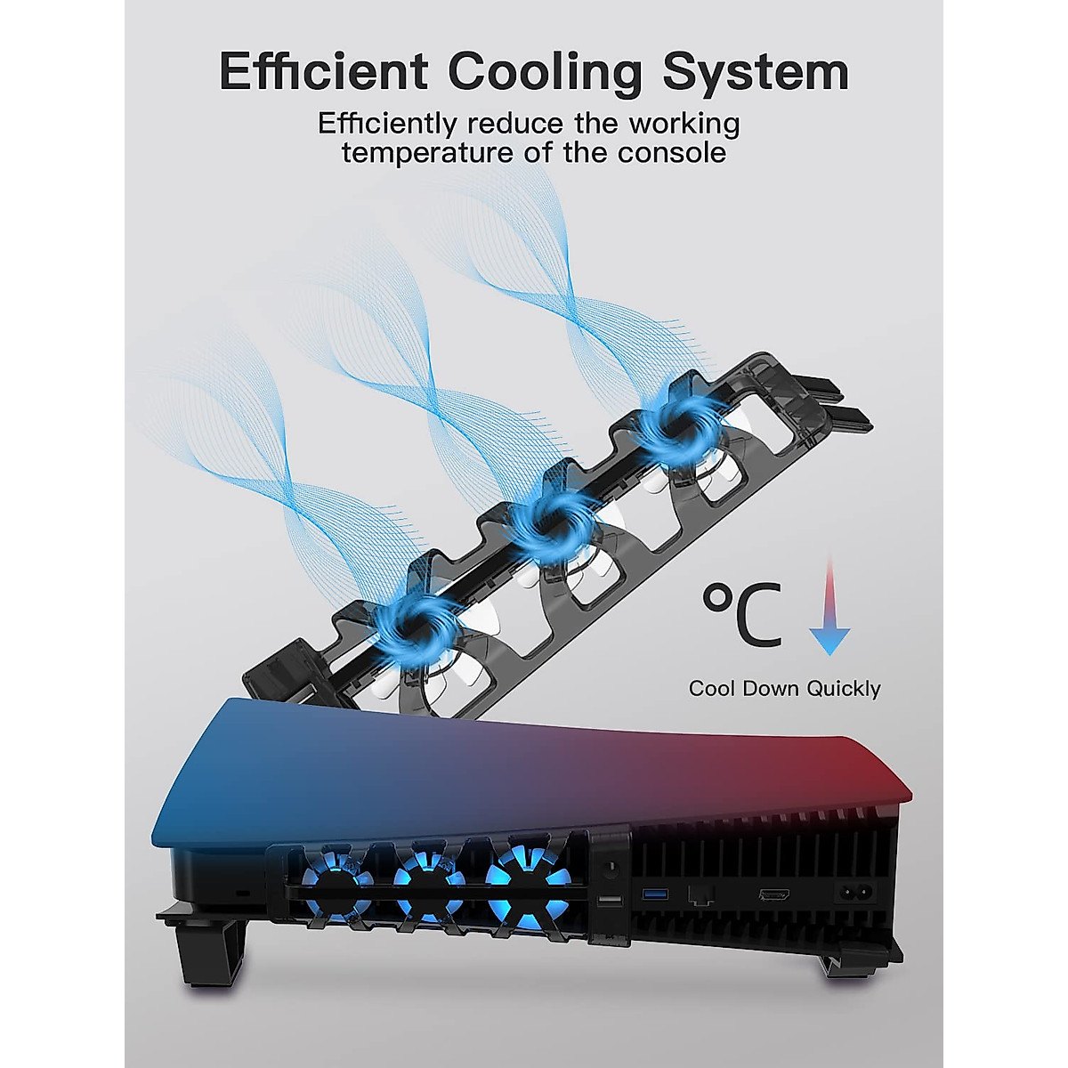 NexiGo PS5 Horizontal Stand with Slient Cooling Fan, [Auto On/Off], [Minimalist Design], Compatible with Playstation 5 Disc & Digital Editions, Built-in LED Light, Extra USB Port, Black