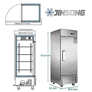 JINSONG 27" Commercial Refrigerator with Single Solid Door, 23 cu.ft Stainless Steel Reach-in Refrigerator for Restaurant, Bar, Shop, Residential
