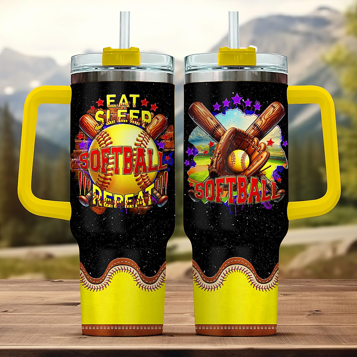99OWL Softball Eat Sleep Repeat, Tumblers Yellow Modern Glitter Simple Red Handle Black Insulated Straws, Tumbler 40 Oz With Handle Lid And Straw, Softball Gifts