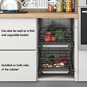 Kitchen Pull Out Shelves Small Size Double Drawer Telescopic Pull Out Spice Rack Vegetable Dish Basket for Kitchen Cupboard, Pantry, Bathroom Stainless Steel Slide Out Cabinet Organizer (30(W)*46.5(