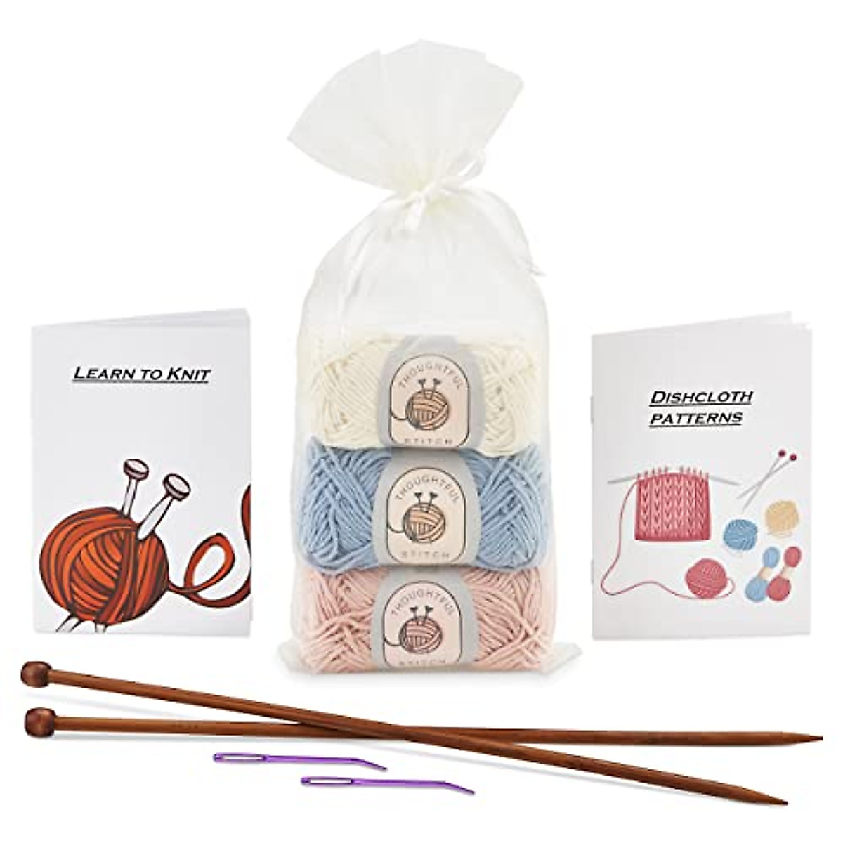 Knitting Kits for Beginners Adults – 6 Pcs Knitting Needle Set with 100% Cotton Yarn – Make Your Own Dishcloth Craft Kits for Adults – Includes Bamboo Knitting Needles and Yarn Needle – Fantastic Gift