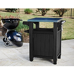 Keter Unity Portable Outdoor Table and Storage Cabinet with Hooks for Grill Accessories-Stainless Steel Top for Patio Kitchen Island or Bar Cart, Dark Grey