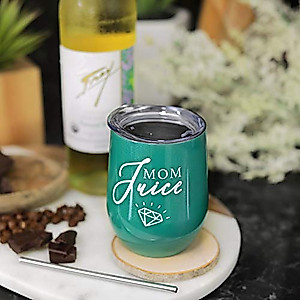 Mom Stainless Steel Wine Tumbler - 12oz with Steel Straw, BPA Free Lid, & Straw Cleaning Brush - Stemless Insulated Wine Tumbler with Lid - Gift for Mothers who Love Coffee, Tea - Mom Juice