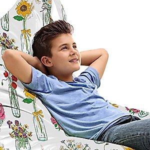 Lunarable Floral Lounger Chair Bag, Colorful Sunflowers Daisies Chamomiles and Peonies in Mason Jars Gardening Theme, High Capacity Storage with Handle Container, Lounger Size, Multicolor