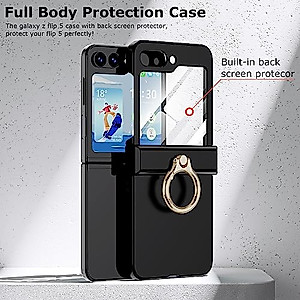Compatible with Galaxy Z Flip 5 Case (Built-in Back Screen Protector) with Hinge Protection & Ring Kickstand, Slim and Thin Protective Case Cover for Samsung Z Flip 5 5G (Black)