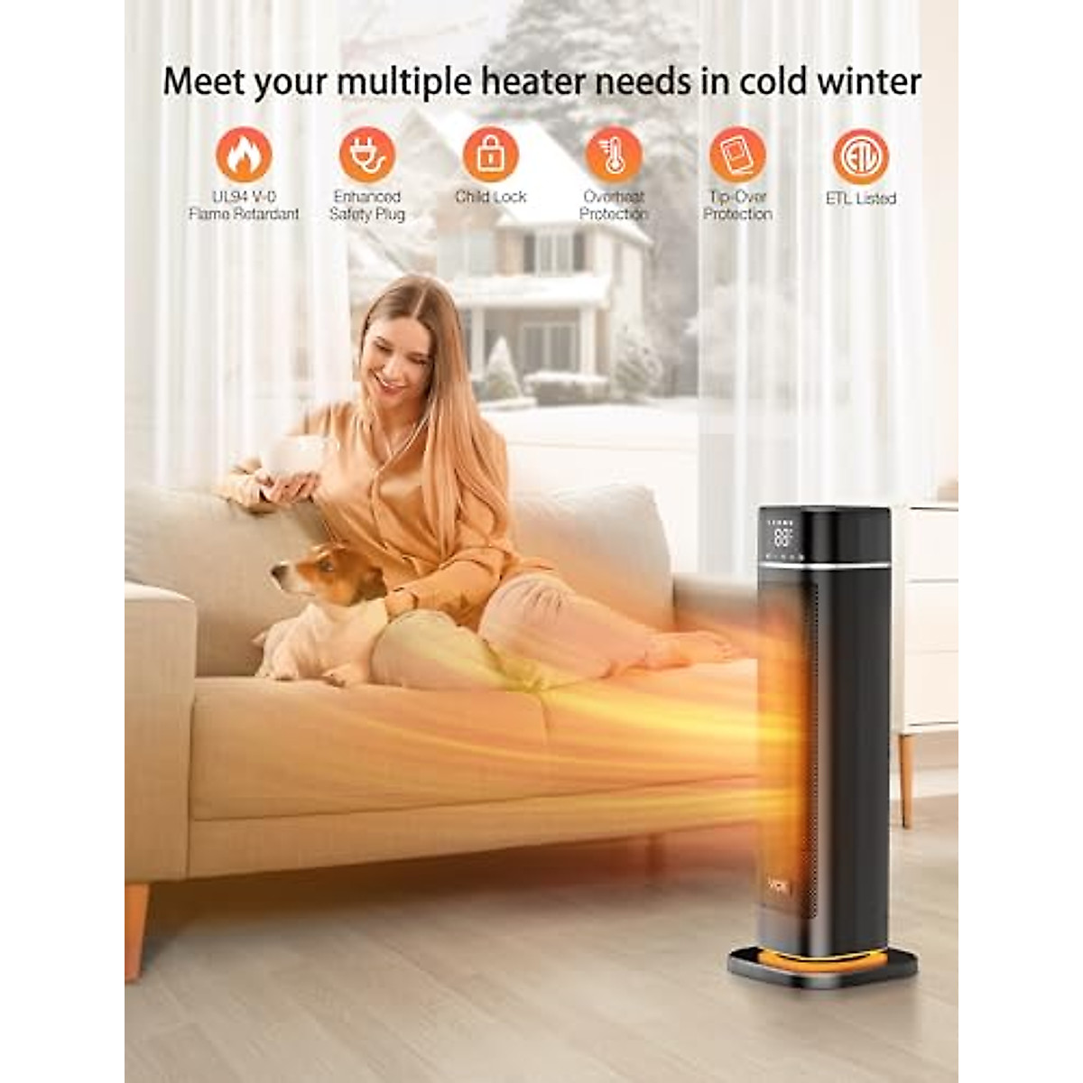 Space Heater,VCK 24" 12ft/s Fast Quiet Heating Portable Electric Heater with Remote, Night Light,80° Oscillation,4 Modes,Overheating&Tip-Over Protection, Ceramic Heater for Bedroom,Office&Indoor Use