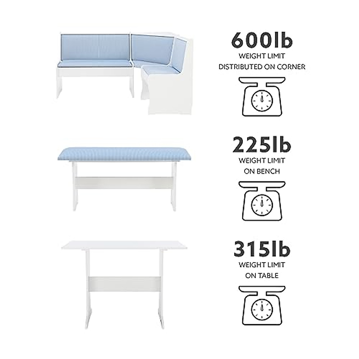 Linon Upholstered Seats and Hidden Storage Kiera Kitchen Corner Dining Nook, White and Blue Stripe