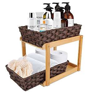 TCJJ 2-Tier Woven Baskets for Storage, Under Bathroom/Kitchen Sink Organizers and Storage, 2 Sliding Storage Baskets and Bamboo Tray for Bathroom Kitchen Pantry Medicine Cabinet Counter (Brown)