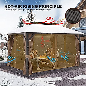 NOBLEMOOD 10’ x 13’ Hardtop Gazebo with Curtains and Netting, Double Roof Outdoor Gazebo with Canopy, Aluminum Frame Permanent Gazebo for Patio Garden