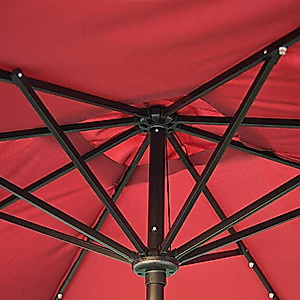 Outsunny 9' x 7' Patio Umbrella Outdoor Table Market Umbrella with Crank, Solar LED Lights, 45° Tilt, Push-Button Operation, for Deck, Backyard, Pool and Lawn, Wine Red