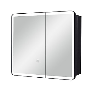 IDYLLOR LED Bathroom Medicine Cabinet with Round Corner Framed Mirror Door 22 x 20 inch, Recessed or Surface Mount, with Adjustable Glass Shelves Shelves