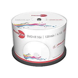 Primeon DVD+R 4.7GB/120min/16x Cake Box, Photo-on-Disc, Inkjet Full Size Printable Surface (50 Disc), White, 2761226