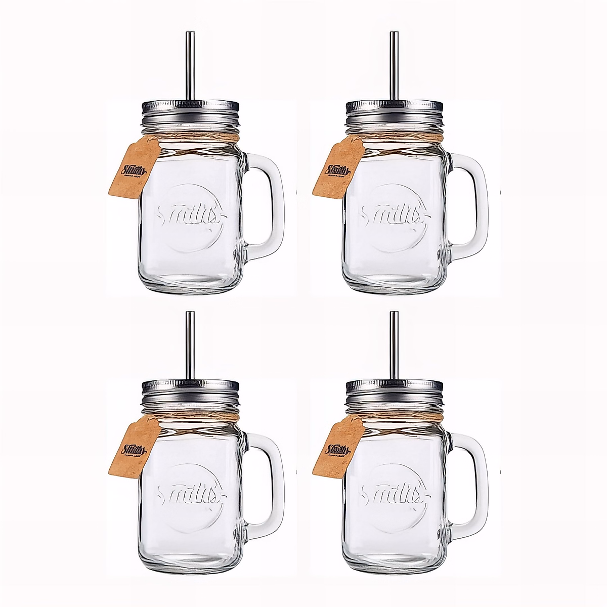 Smith's Mason Jars 16oz/473ml 4-pc Glass Cups with lid, straw and Handles - Smoothie glasses - Good for Milkshake, Juices, Ice Coffee Ideal for Picnics DIY Drinks and Outdoor Activity