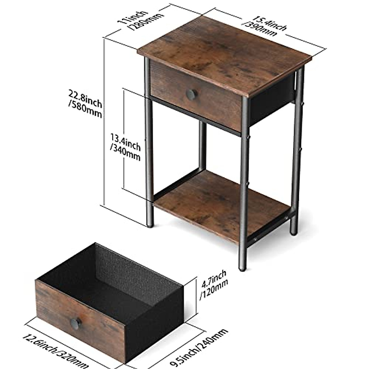 Night Stand Bedside Table with Drawers End Table for Small Space Side Tables Nightstand with Wood Open Storage Shelf, Rustic Side Table for Bedroom, Living Room, Study, Office, Pantry