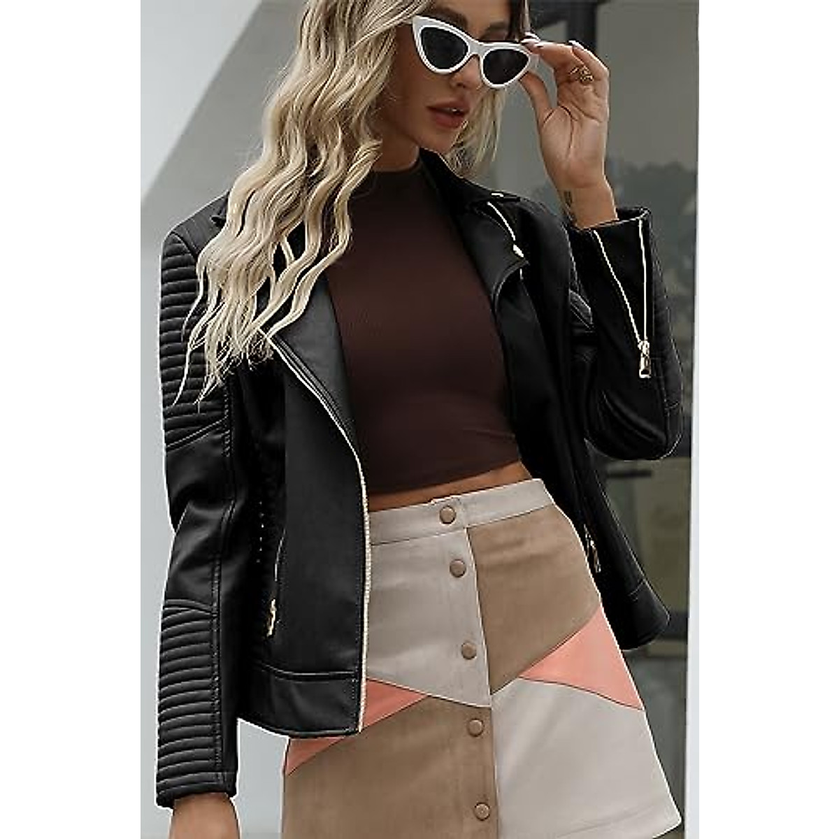 Giolshon Faux Leather Casual Short Jacket for Women, Moto Biker Coat for Spring Fall and Winter 53 Black M