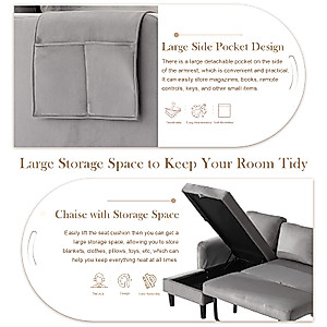 Modern Velvet Pull Out Sleeper Sofa Bed with Chaise, Comfy L Shaped Convertible Couch with Storage and Pocket, Sectional 3 Seat Couch for Living Room Furniture or Office, Smooth Back - Light Gray