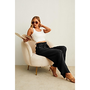 IWOLLENCE Women's Wide Leg Pants with Pockets High Waist Adjustable Knot Loose Casual Trousers Business Work Casual Pants Black Large