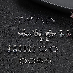 Drperfect Cartilage Helix Tragus Conch Piercing Jewelry 20G 16G Stainless Steel CZ Butterfly Flower Curved Spiral Cartilage Earring Set for Women Men Hoop Stud Ear Piercing Jewelry