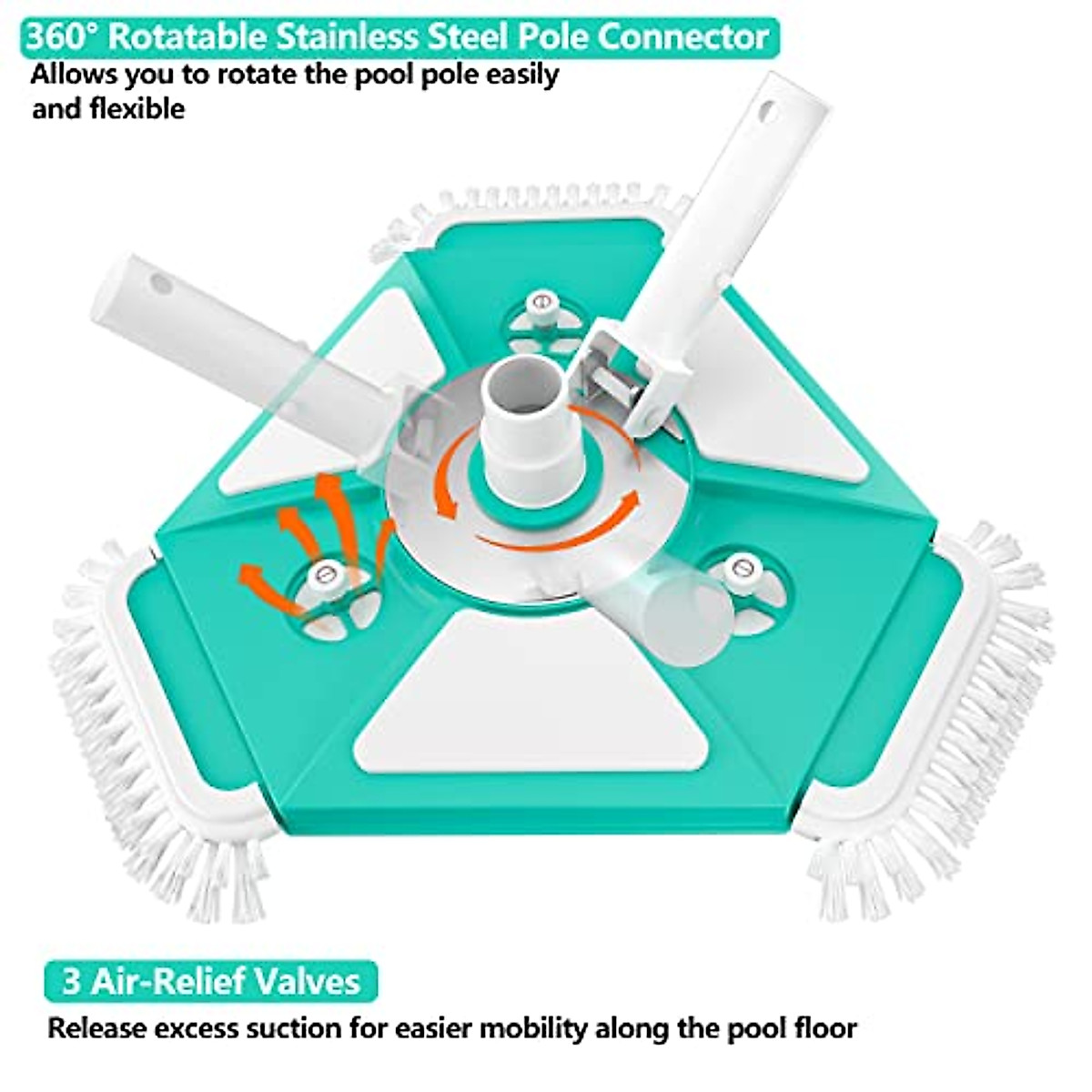 POOLKEY Upgraded Heavy Duty Pool Vacuum Head, Deluxe 15'' Triangular Shape with 18 Bottom & Corner Brushes, Wheels, 360° Rotatable Pole Connector Pool Vacuum Head for Above Ground Pool Inground Pools