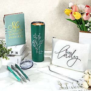 Funnymoom 6 Pcs Boss Day Gift Set Lady Appreciation Day Thank You Gifts for Women 20 oz Aesthetic Boho Flower Sign Tumbler Tote Bag Makeup Bag A6 Notepad with 3 Ballpoints Best Boss Ever Gift (Green)