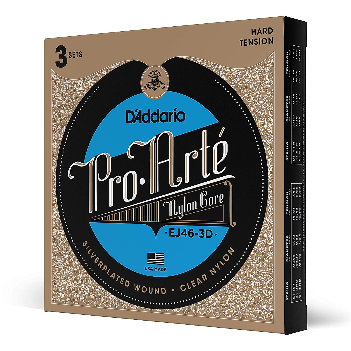 D'Addario Guitar Strings - Pro-Arte Classical Guitar Strings - EJ46-3D - Nylon Guitar Strings - Silver Plated Wound, Nylon Core - Hard Tension, 3-Pack