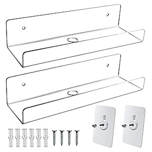Mocoosy 2 Pack Clear Acrylic Floating Shelf 10'', Invisible Wall Mounted Shelf with Cord Hole, Small Display Ledge Shelves for Smart Speaker/Action Figures, Great for Kids Room Bathroom Office Display