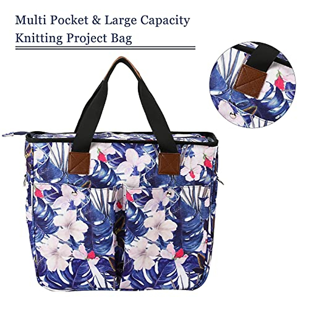 Aeelike Knitting Tote Bag Yarn Storage Bag with Holes, Portable Knitting & Crochet Bag for Storing Yarn and Crochet Knitting Supplies, Travel Knitting Bag with Removable Shoulder Strap (Blue Flower)