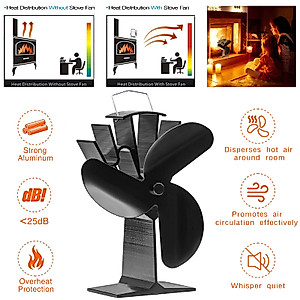 HAWCAFU Wood Stove Fan Heat Powered Fireplace Fan 3 Blades Stove Fan for Log Burner/Wood burning Stove/Fireplace