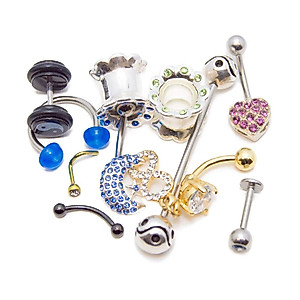 BodyJewelryOnline Randomly Picked Body Jewelry Pack [50 Pieces: Belly/Nose/Nipple/Tongue/Ear/Lip Rings], Package May Include Plugs/Bars/Belly/Industrial/Acrylic/316L Surgical Steel Jewelry