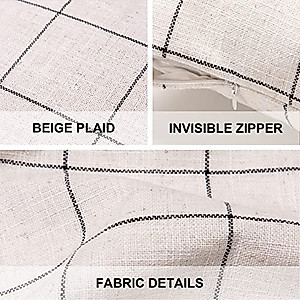 Basic Model Set of 2 Plaid Throw Pillow Covers Modern Farmhouse Decorative Square Linen Pillow Case for Sofa Couch Bed 20 x 20 Inch, Beige
