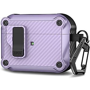 RFUNGUANGO for AirPods Pro 2nd /1st Generation Case Cover, Automatic Pop-up Carbon Fiber Case with Secure Lock Clip, Full Body Shockproof Hard Shell Protective Case for AirPods Pro 2022/2019- Purple