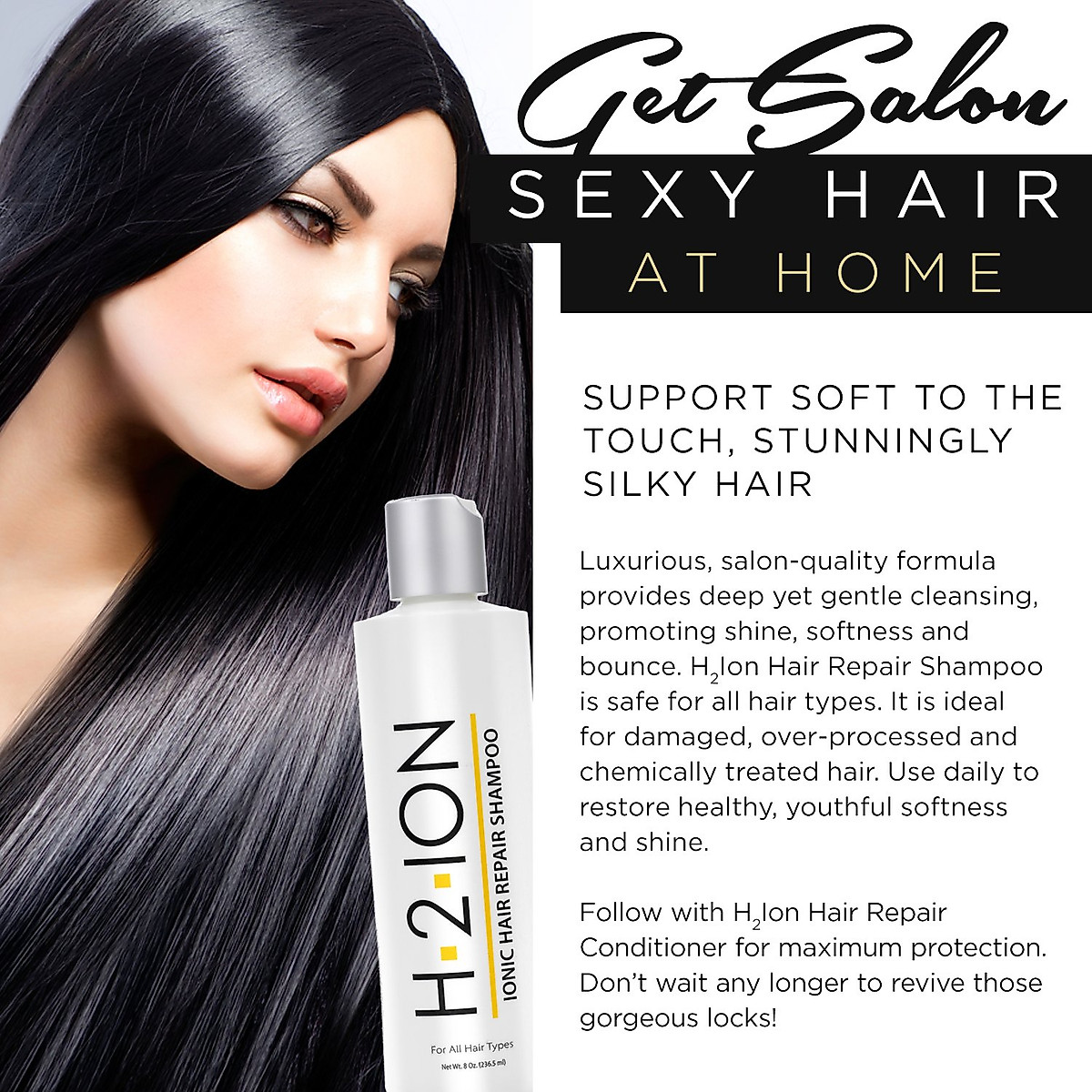 H2 Ion Hair Repair Shampoo -- Thermal Activated Ionic Shampoo for Damaged Hair -- Deep Clean - Lock in Moisture - Restore Shine Body & Bounce - Protect from Heat Styling - Seal Split Ends (8 oz)