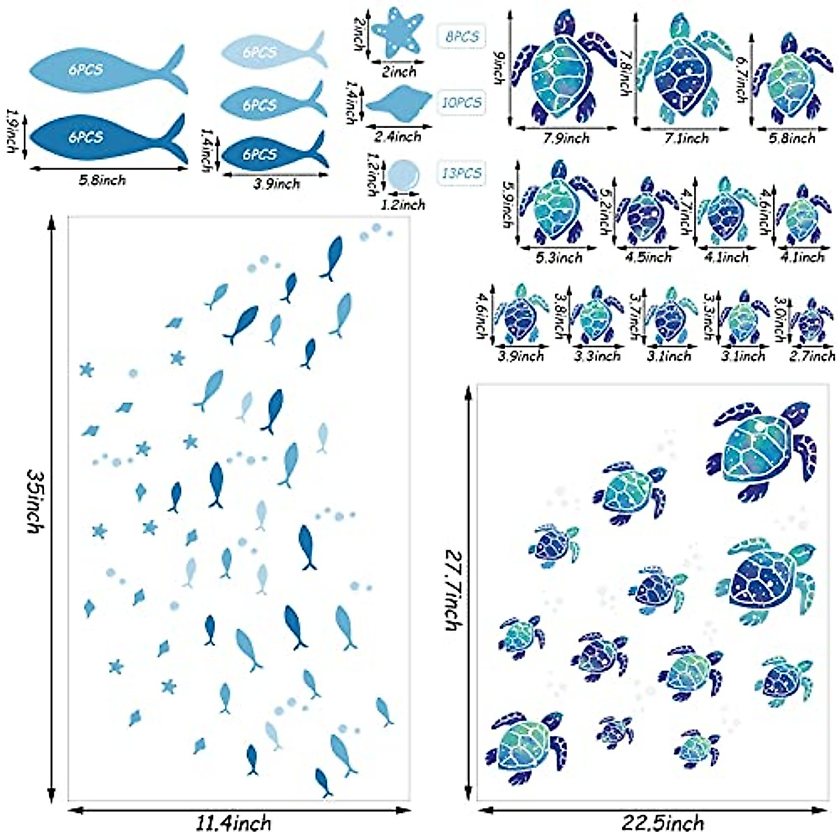 2 Sets Vinyl Sea Turtles Wall Stickers Ocean Wall Decals Ocean Bubbles Stickers DIY Under The Sea Party Decorations for Bathroom Toilet Bedroom Nursery Room Children Room Living Room