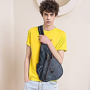 AONETIGER Small Canvas Black Sling Crossbody Backpack Shoulder Bag, Vintage Casual Daypack bag with Leather For Men Women Cycling Hiking Travel